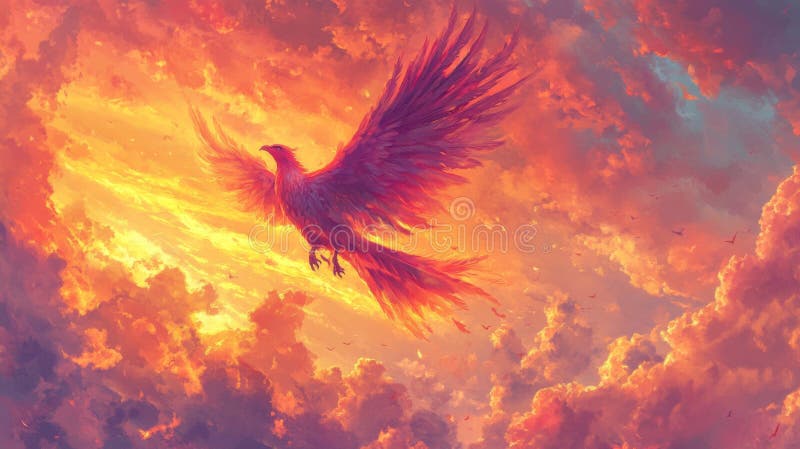 Fiery Phoenix Soaring through a Sunset Sky Stock Illustration ...