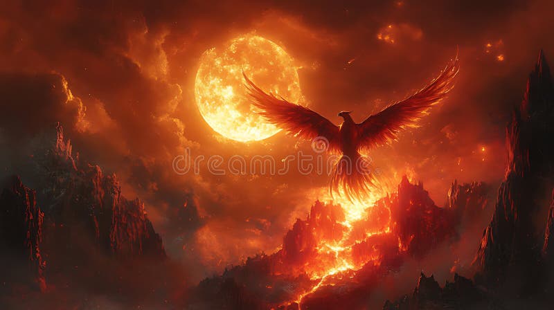 A Fiery Phoenix Soars Above a Volcanic Landscape, Illuminated by a ...
