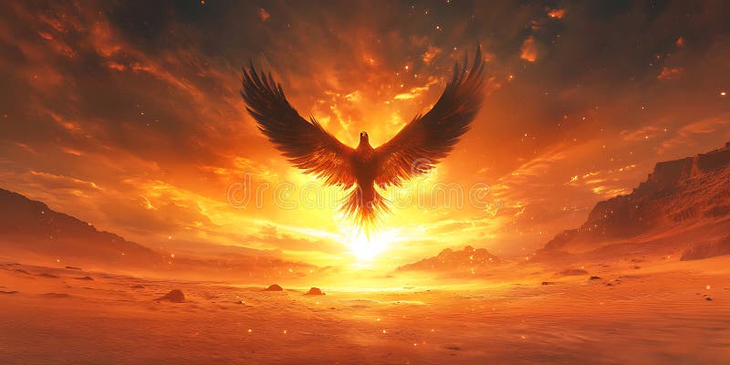 Fiery Phoenix Sunrise Fantasy Art Wallpaper Stock Illustration - Illustration of powerful, glow ...