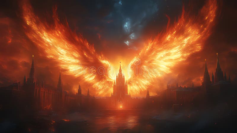 Fiery Phoenix Wings Over Burning City, Fantasy Artwork Stock ...