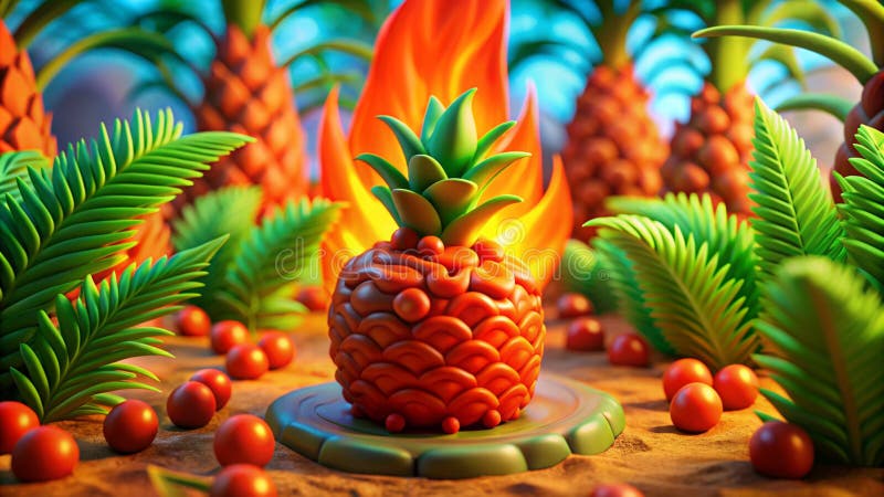Fiery Pineapple. 3D Render of a Tropical Fruit Ablaze in a Lush Jungle ...