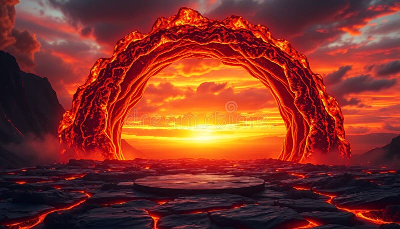 Fiery Pixelated Lava Archway at Sunset Stock Illustration ...