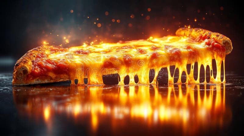 Fiery Pizza Slice with Melted Cheese on Dark Background Stock ...