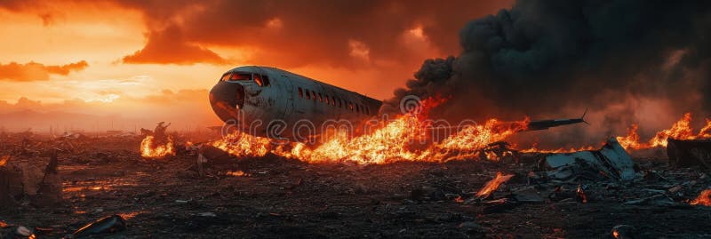 Fiery Plane Crash Ignites Flames and Smoke during Sunset in a Desolate ...