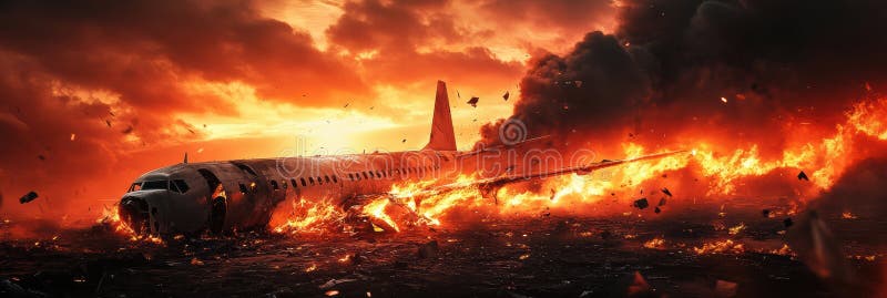 Fiery Plane Crash at Sunset with Bright Flames and Thick Smoke Swirling ...