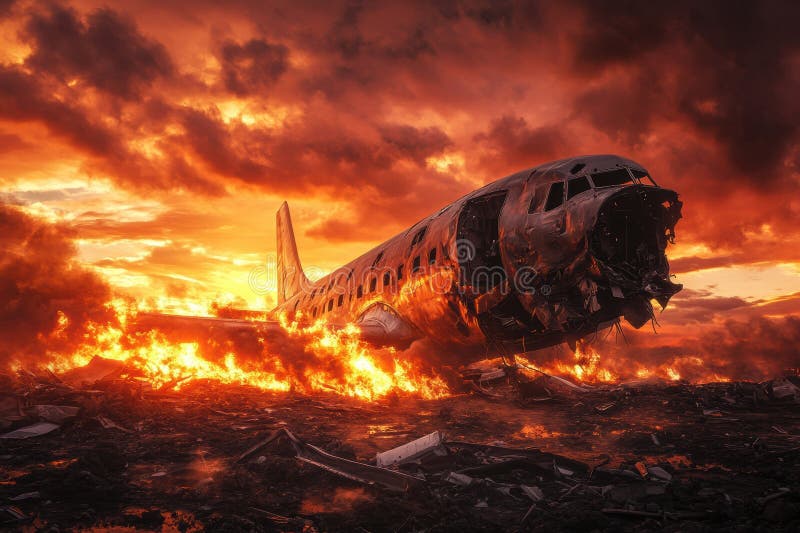 Fiery Plane Crash at Sunset with Intense Flames Engulfing the Wreckage ...