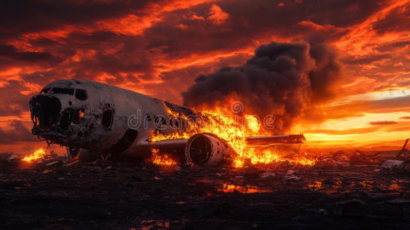 Fiery Plane Crash Surrounded by Bright Flames during Sunset on a ...