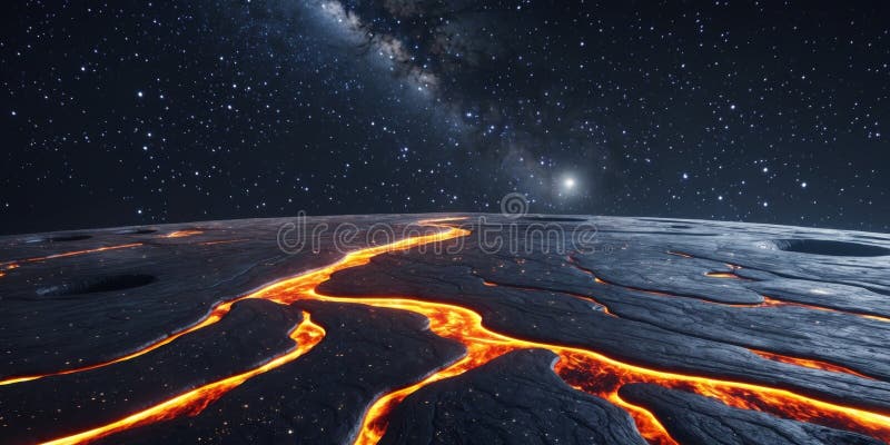 Fiery Planet in Cosmic Landscape with Lava Flows and Starry Sky Stock ...