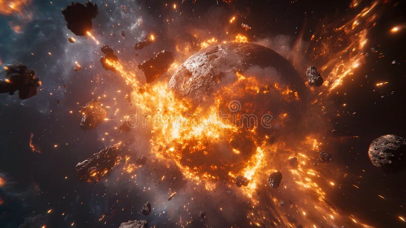 Fiery Planet Explosion in Space with Asteroids and Cosmic Chaos Stock Photo - Image of space ...