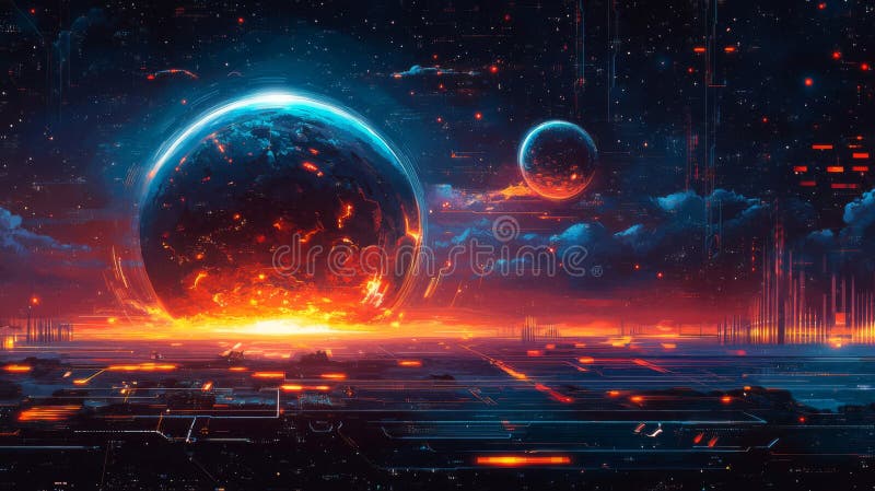 Fiery Planet and Futuristic Cityscape Under a Starry Night Sky Stock ...