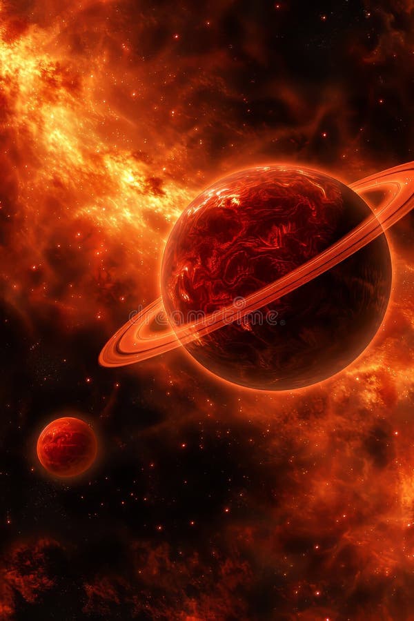 Fiery Planet with Ring System in Deep Space, Surrounded by Swirling ...