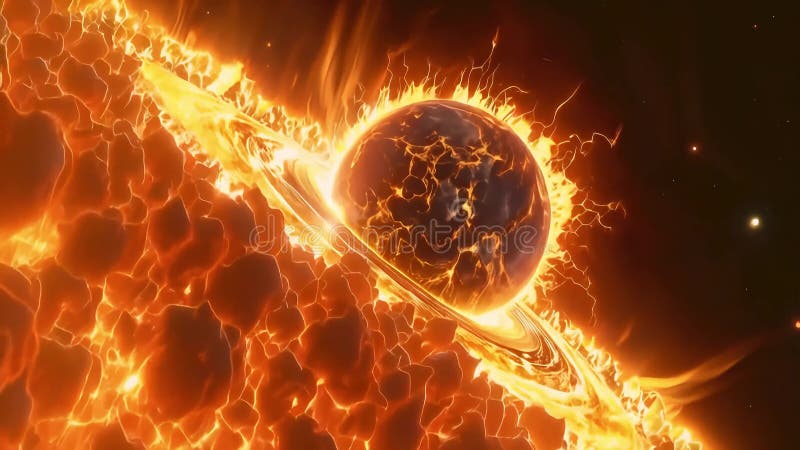 A Fiery Planet with a Ring System Engulfed in Flames Against a Dark ...