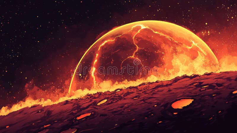 Fiery Planet in Space: Pixel Art Landscape Stock Illustration ...