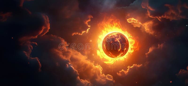 Fiery Planet Surrounded by Dramatic Clouds in Cosmic Space Scene Stock ...