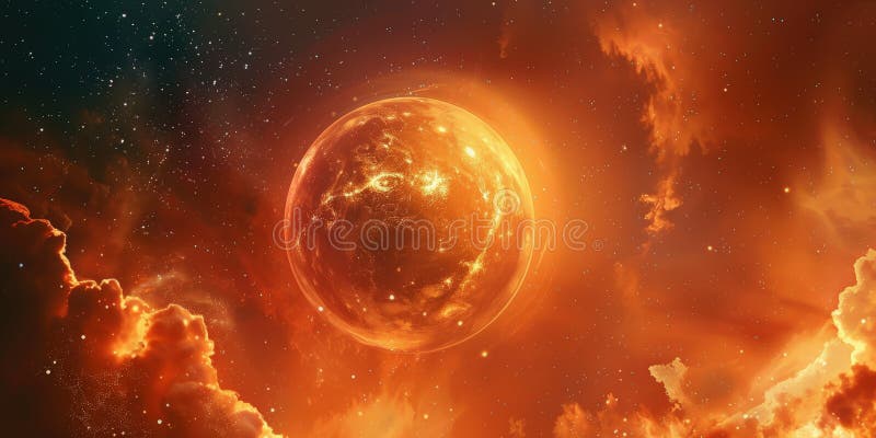 A Fiery Planet Surrounded by Glowing Clouds in Outer Space, Depicting a ...