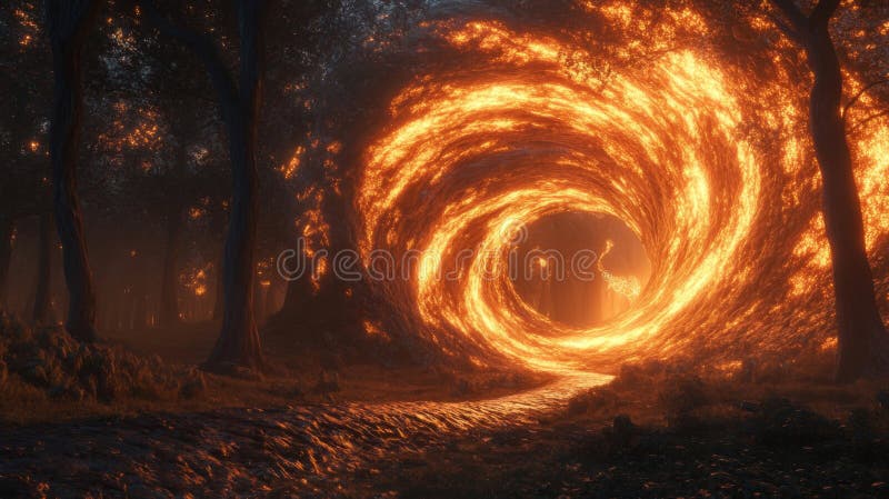 Fiery Portal in a Dark Forest at Night Stock Illustration ...