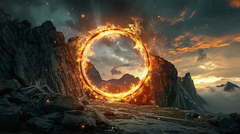 Fiery Portal in Mountainous Landscape Stock Illustration - Illustration ...