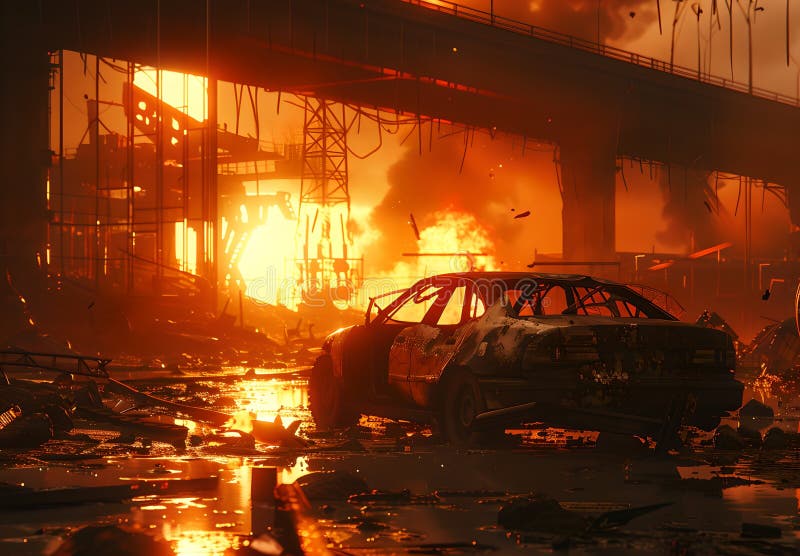 Post-apocalyptic Cityscape with Burning Buildings and Debris Scattered ...