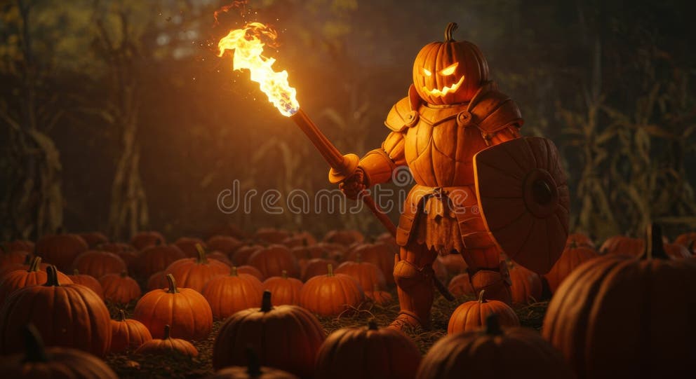 Fiery Pumpkin Knight in a Field at Night Stock Illustration ...