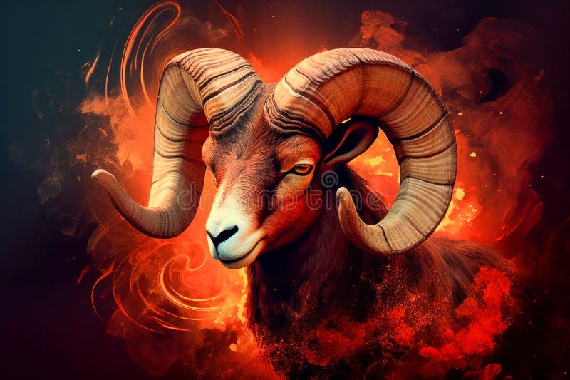 Fiery Ram with Curved Horns on Celestial Background. Representing ...