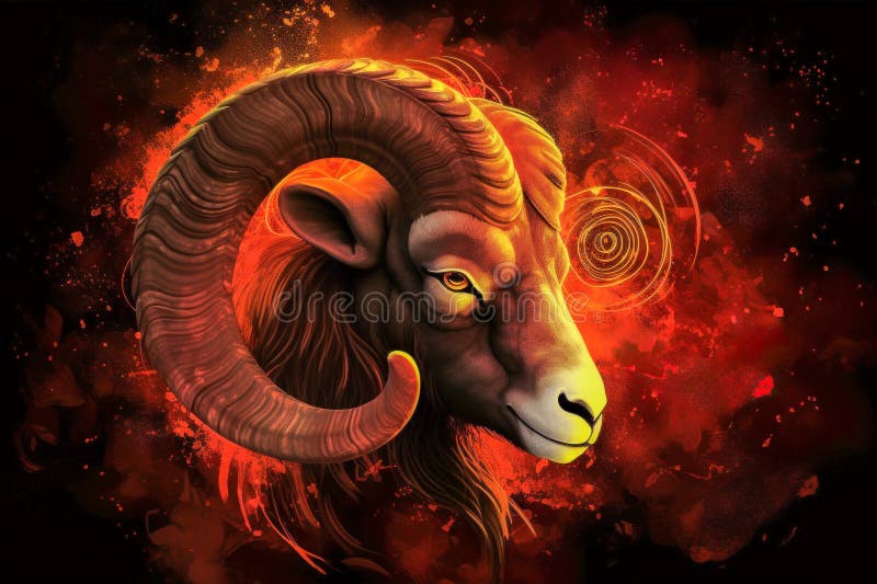 Fiery Ram with Curved Horns on Celestial Background. Representing ...