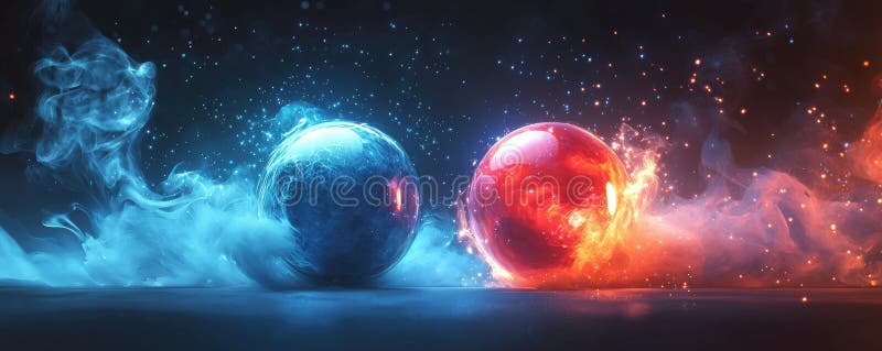 Fiery Red Ball Colliding with a Swirling Blue Sphere Stock Image ...
