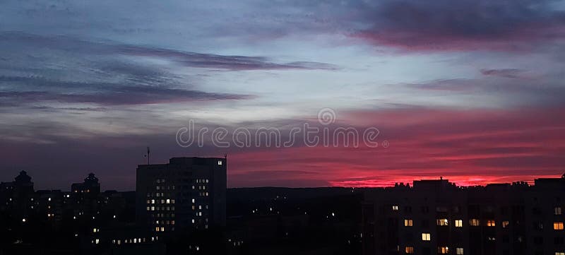 Fiery Red Beautiful Sunset Over the City Stock Photo - Image of night ...