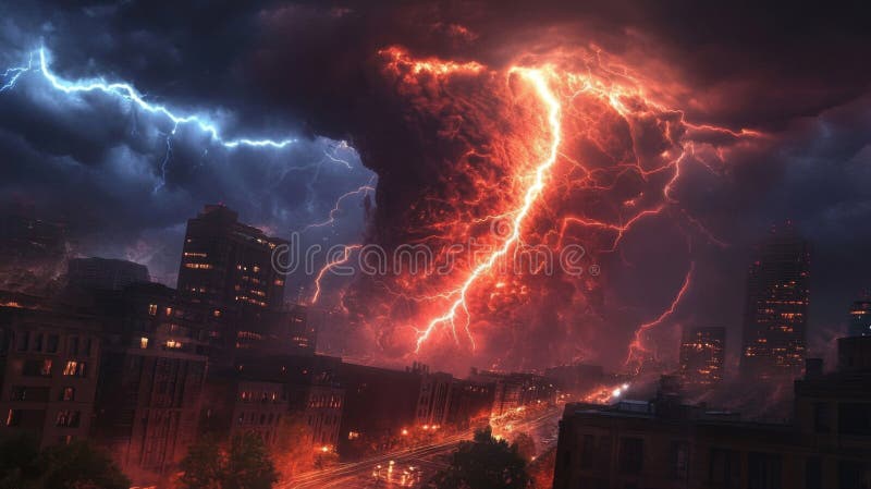 Fiery Red and Blue Lightning Strikes City at Night Stock Illustration ...