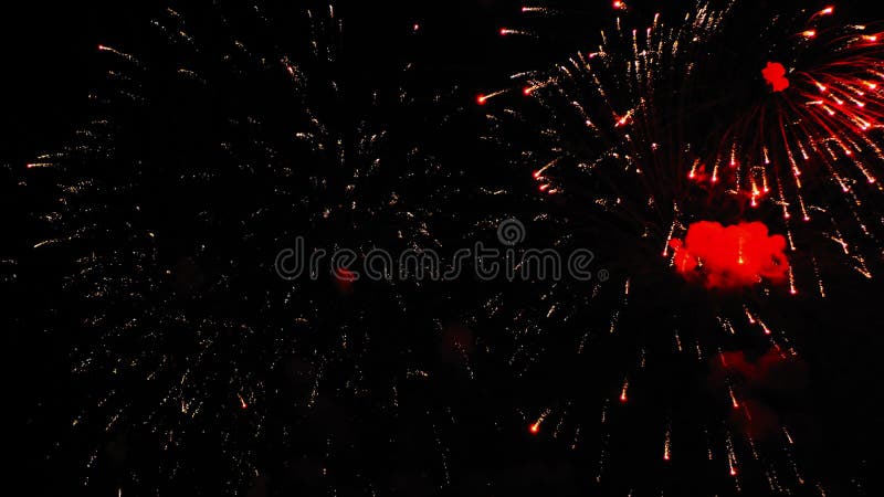 Fiery Red Bright Fireworks Flashes on the Black Night Sky. Stock ...