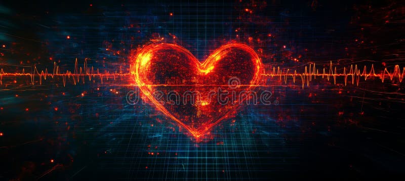 Fiery Red Burning Heart with Digital Electrocardiogram Line on Abstract ...