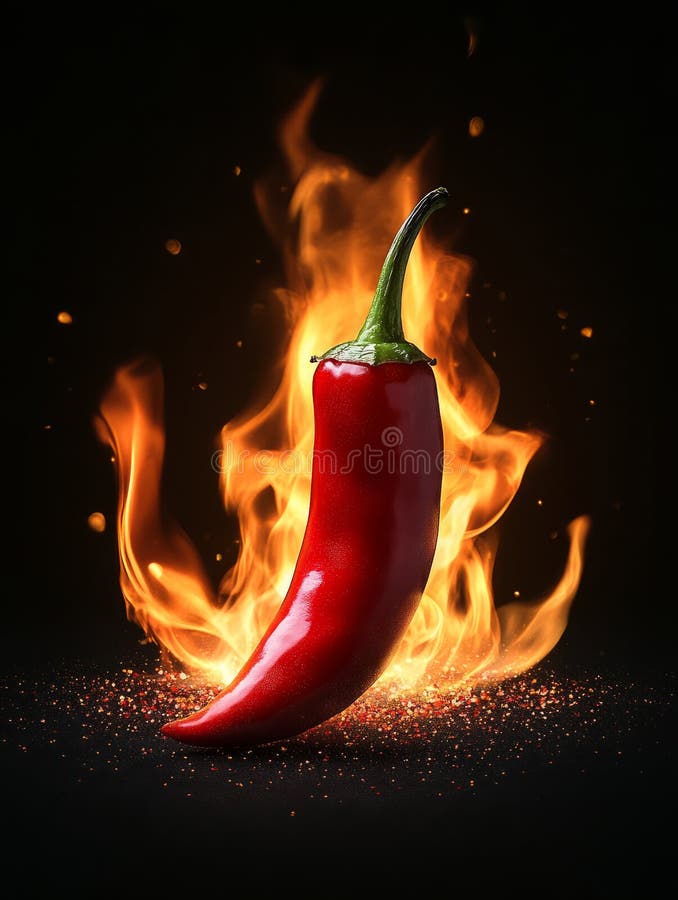 Fiery Red Chili Pepper Engulfed in Flames Against a Dark Background ...
