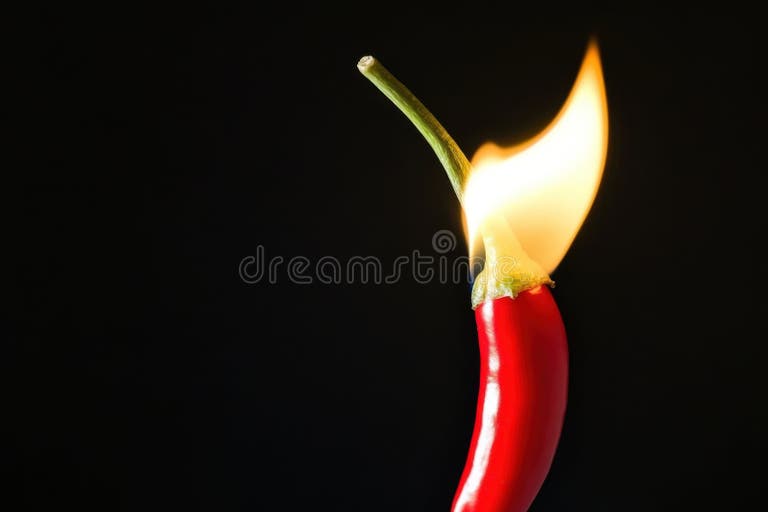 Fiery Red Chili Pepper with Flame on Black Background Stock Photo ...