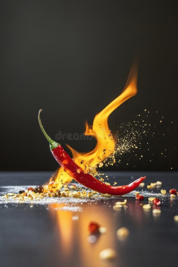 Fiery Red Chili Pepper with Flames and Spices on Black Background Stock ...