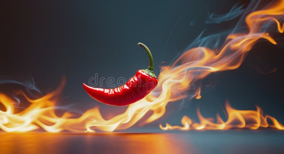 Fiery Red Chili Pepper Floating in Intense Flames Background. Stock ...