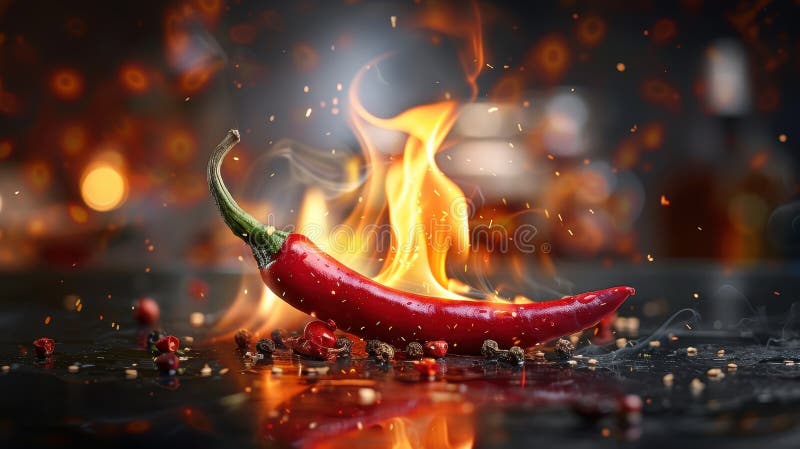 Fiery Red Chili Pepper Surrounded by Flames and Spices on a Dark ...