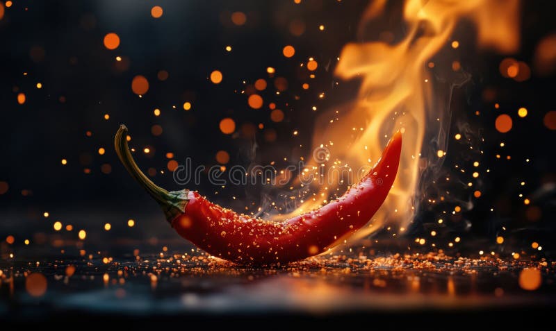 Fiery Red Chili Pepper Surrounded by Sparks and Flames Creating a ...