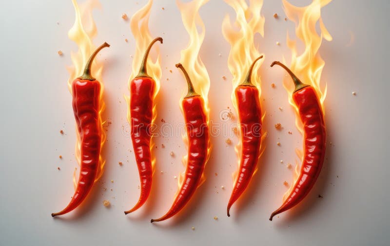 Fiery Red Chili Peppers Burning with Intense Flames on a White ...