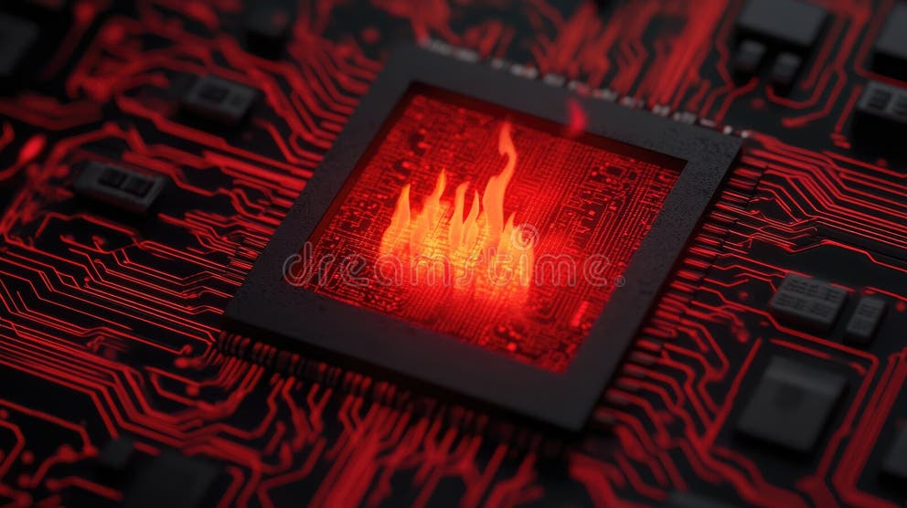 Fiery Red Circuit Board with Overheating CPU Chip and Glowing Data ...