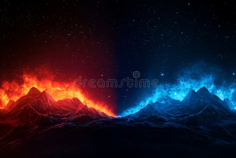 Fiery Red and Cool Blue Mountains Collide in Cosmic Scene, Showcasing ...