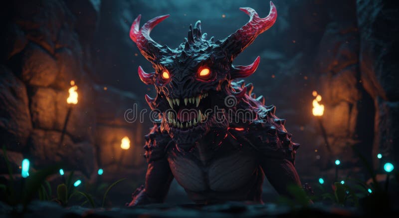 Fiery Red Dragon in Dark Cave Digital Art Stock Illustration ...