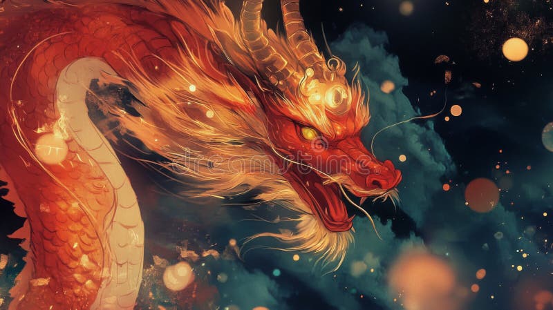 Fiery Red Dragon in Dark Cosmic Space Digital Art Stock Illustration ...