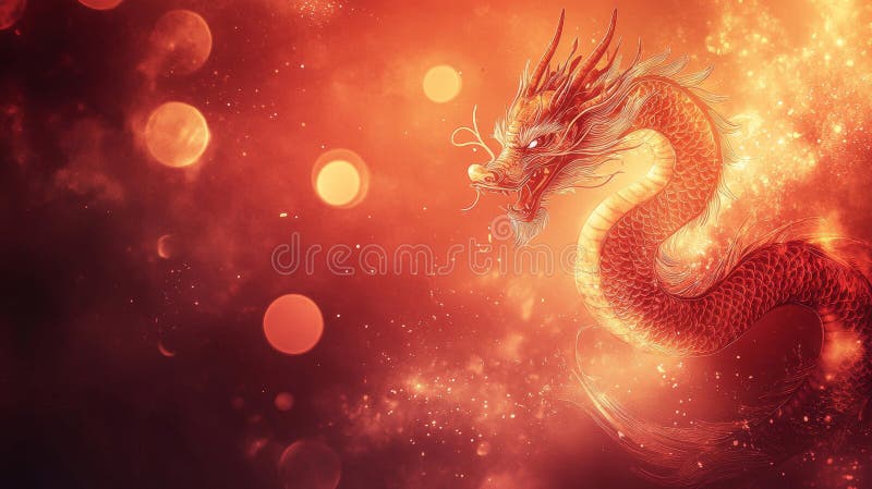 Fiery Red Dragon Majestically Coiled in Orange Mist Stock Illustration ...