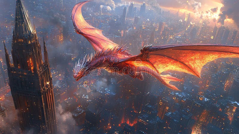Fiery Red Dragon Soaring Over a Burning Cityscape at Sunset Stock ...