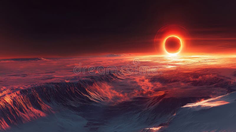 Fiery Red Eclipse Over a Volcanic Mountain Range Stock Illustration ...