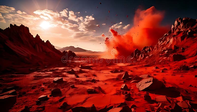 Fiery Red Explosion in a Stark, Rocky, Otherworldly Landscape is ...