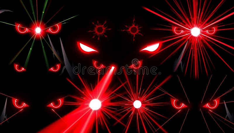 Fiery Red Eyes Glowing in Darkness, Laser Beams and Explosions Stock ...