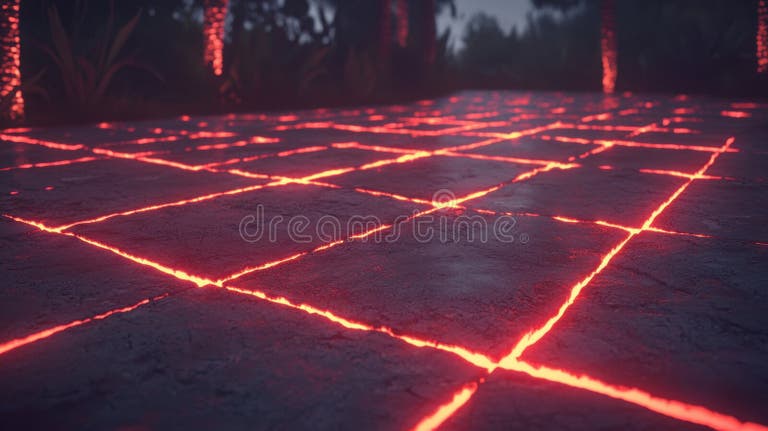 A Fiery Red Floor with a Grid Pattern and Glowing Lines. Stock Photo ...