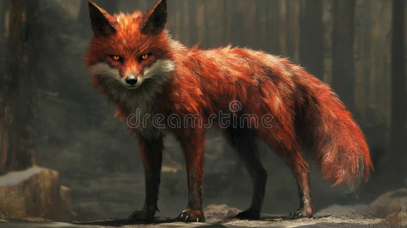 Fiery Red Fox in a Dark Forest Stock Illustration - Illustration of ...