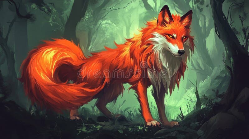 Fiery Red Fox in Dark Forest Digital Painting Stock Illustration ...