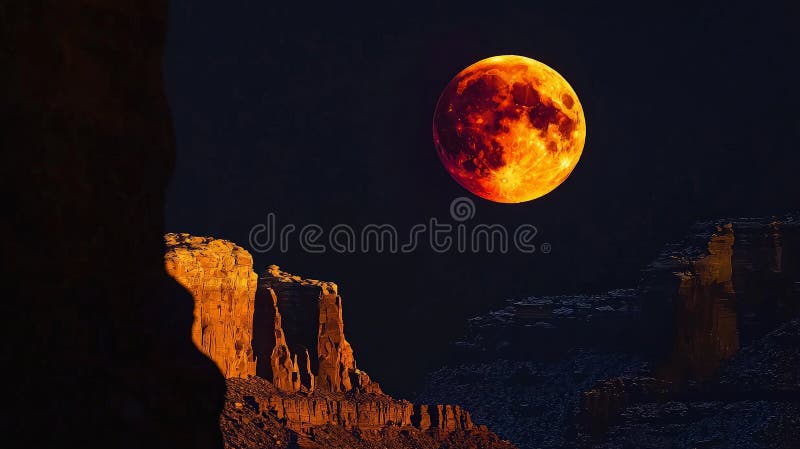 A Fiery Red Full Moon Rises Over a Jagged Rock Formation in the Desert ...